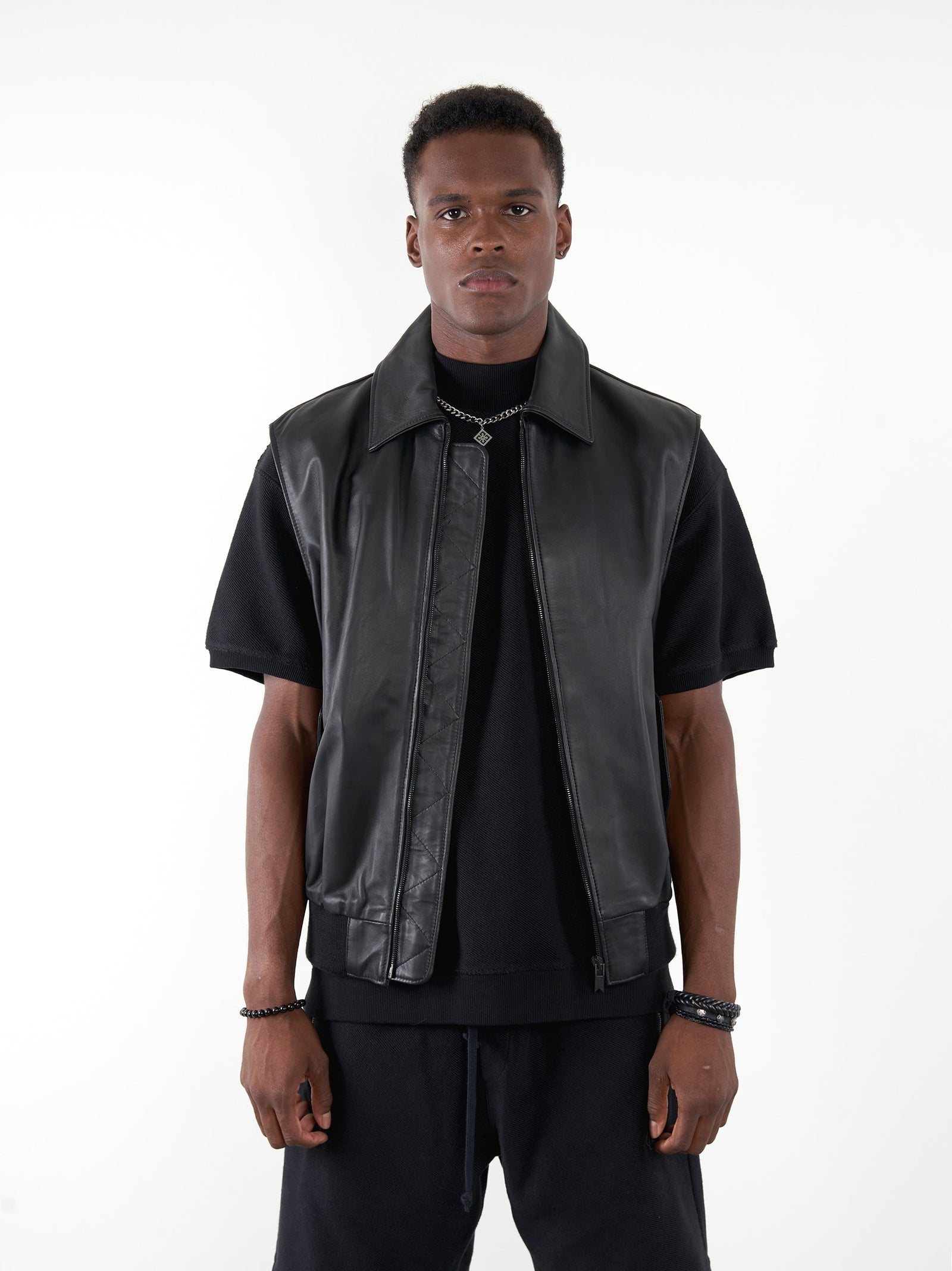 Leather Bomber Vest - Black